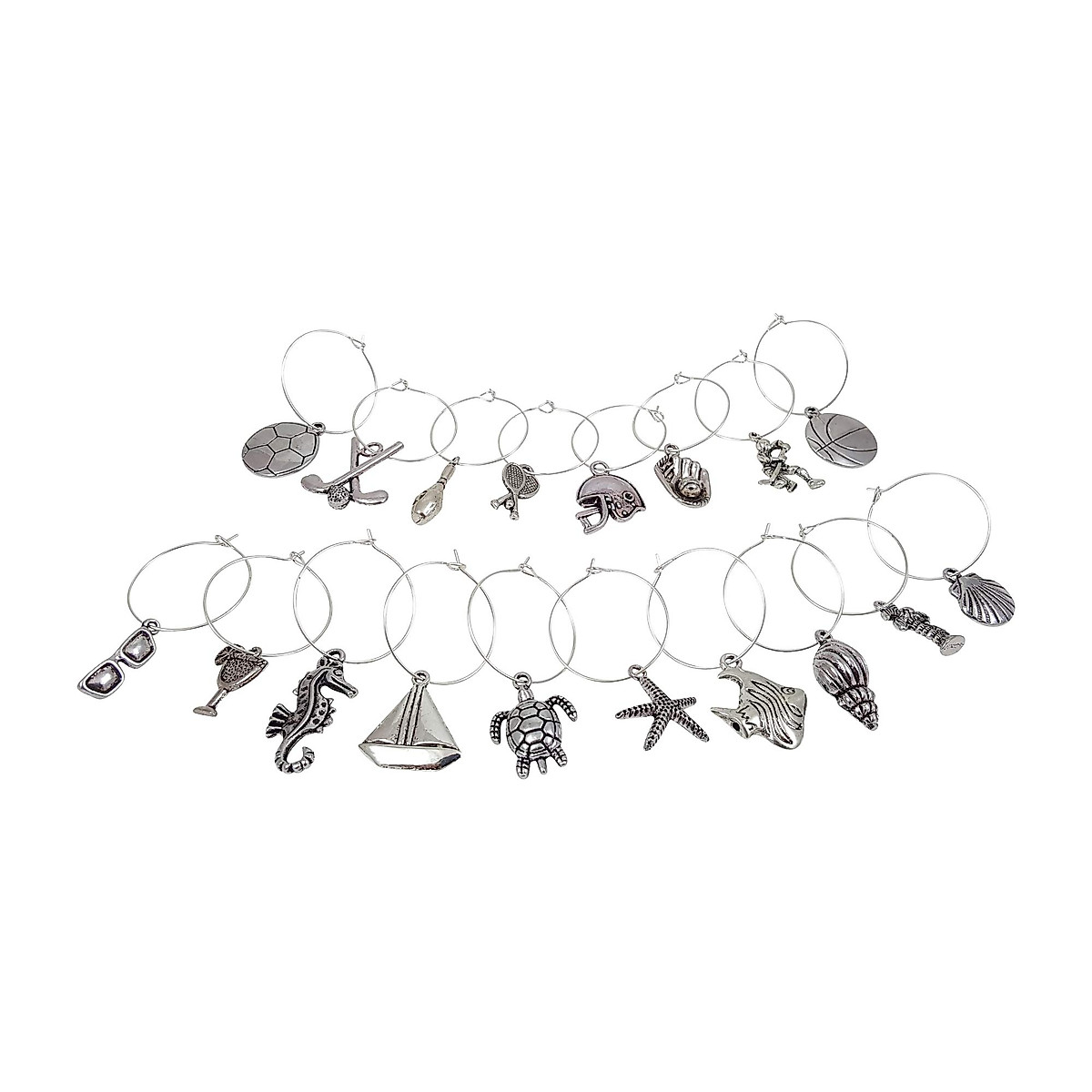 Palm City Products Sun and Sport Themed Wine Charm Set - Bundle of Beach and Sports Themes, 18 Pieces Total
