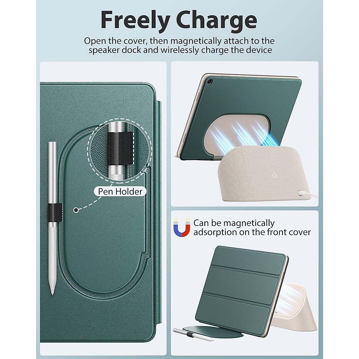 MoKo for Google Pixel Tablet Case 2023, Foldable Design + Ultra Thin Slim Leather PC Trifold Stand Cover+with Pencil Holder,Case for Pixel Tablet 2023, 11 inch, Dark Green