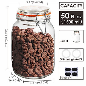 Qianfenie 50 oz Glass Jars with Airtight Lids, Wide Mouth Mason Jars with Clip Top Lids for Kitchen - Square Glass Jars with Chalkboard Labels and Replacement Silicone Gaskets, Set of 4