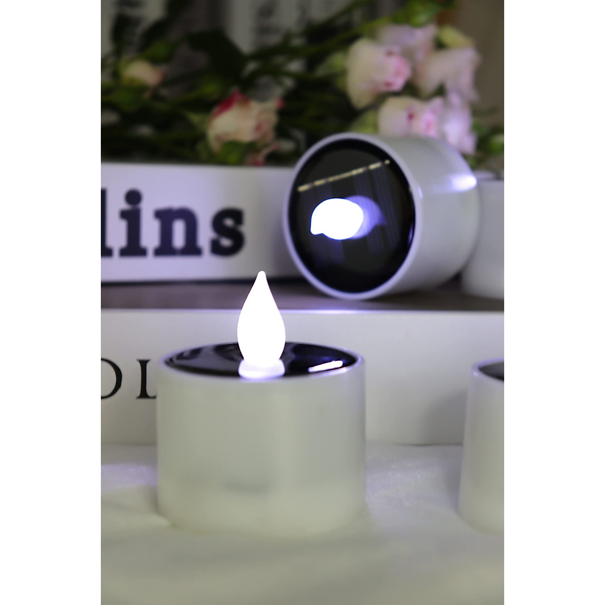 6pcs Solar Window Candles Outdoor Waterproof Flameless Flickering Led Tealights Solar Emergency Candles with Sensor Dusk to Dawn for Lantern Garden Camping Party Halloween Christmas Home Decor