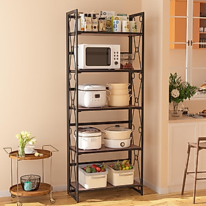 VECELO Folding Bookshelf, 5 Shelf Bookcase No Assembly, Industrial Metal Frame Shelves Rack Organizer for Living Room, Office,Walnut 1 Set