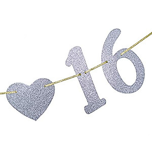Sweet 16 Birthday Banner Glitter Sixteen Pre-Strung Decoration 16th Birthday Party Decor Supplies Cursive Bunting Photo Booth Props Sign Silver