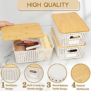 MOSANEE Small Plastic Storage Bins with Bamboo Lids 6 Packs,Decorative Storage Containers,Stackable Baskets for Organizing with Cute Label for Shelves Cabinets Pantry Playroom Office Home,Cream White