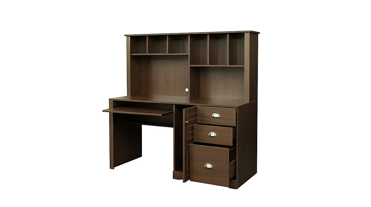 Wood Executive Computer Desk with Storage - Walnut Finish