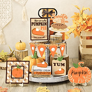 Tradder 14 Pcs Fall Tiered Tray Decorations Tiered Tray Decor Set Rustic Table Thanksgiving Decorative Trays Wooden Pie Autumn Pumpkin Tiered Tray for Farmhouse Home Kitchen Autumn Thanksgiving