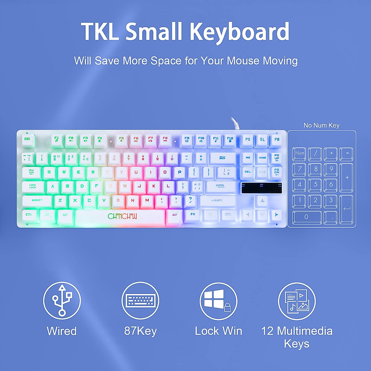 Gaming Keyboard 87 Key TKL Wired Keyboard,CHONCHOW Rainbow Led Backlit White Keyboard Mouse 3200DPI Cute Keyboard Combo Compatible with PC Laptop Ps4 Ps5 Xbox Gamer