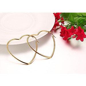 Women's Stainless Steel Gold Plated Heart Shape Hinged Large Hoop Earring,Anti-allergy