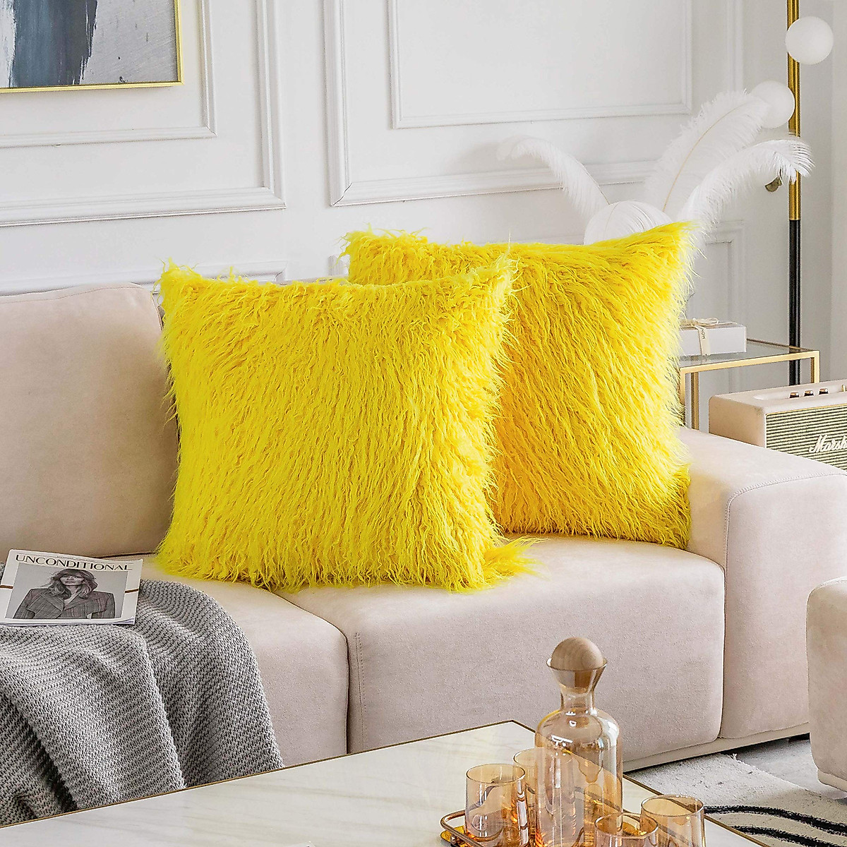 Home Brilliant Yellow Fur Pillow Covers Furry Fuzzy Accent Throw Pillow Covers Decorative for Couch Sofa Bed Summer Decoration Girl Gift, Set of 2 (18 x 18 Inch, Yellow)
