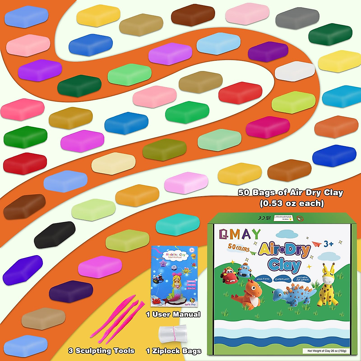 Modeling Clay Kit - 50 Colors Air Dry Ultra Light Magic Clay, Safe and Nontoxic, Great Gift for Kids Age 3-12 Year Old