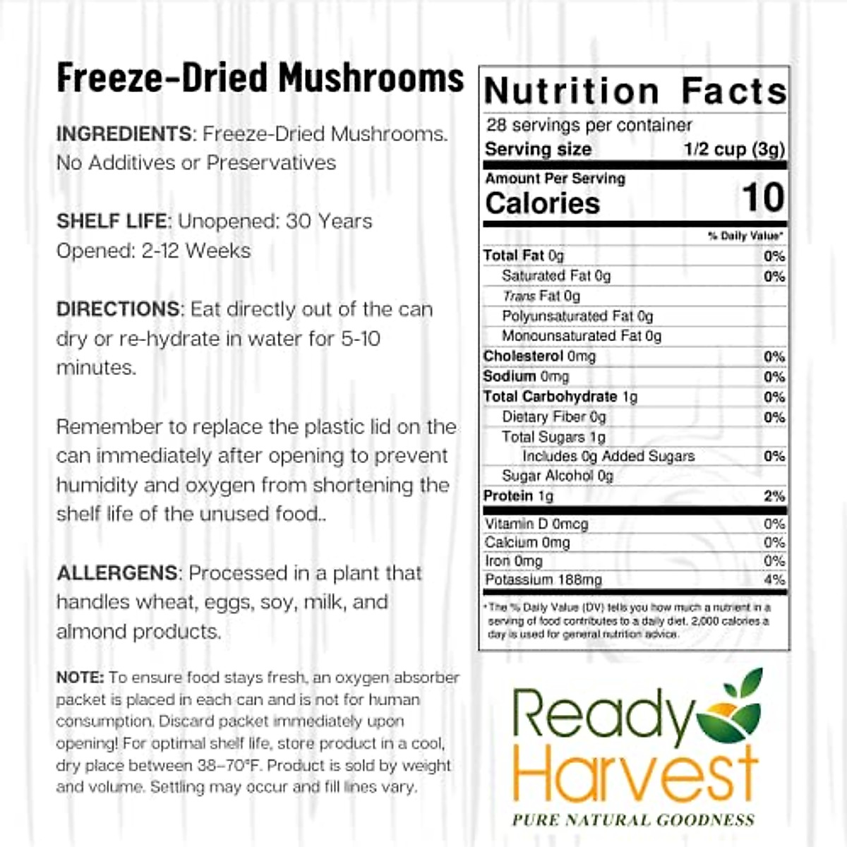 Ready Harvest - Freeze Dried Whole Foods for Emergency Food Storage, Camping Supplies, and Survival Kits | Sealed Fresh in #10 Can | 30 Year Shelf Life | 1 Can | Mushrooms