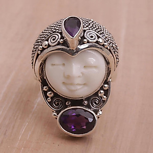 NOVICA Artisan Handmade Amethyst Cocktail Ring 925 Silver Face Shaped from Bali Bone Sterling Purple Indonesia Birthstone Balinese Traditional [crownbezel 1 in H x 0.7 in W x 0.4 in D Band Width 4 Mm]