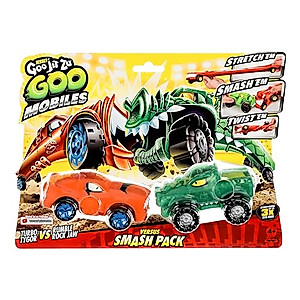 Heroes of Goo Jit Zu Goo Mobiles Versus Pack Turbo Tygor VS Rumble Rock Jaw. Two Stretchy, Squishy Vehicles. Stretch 'Em, Smash 'Em, Twist 'Em!