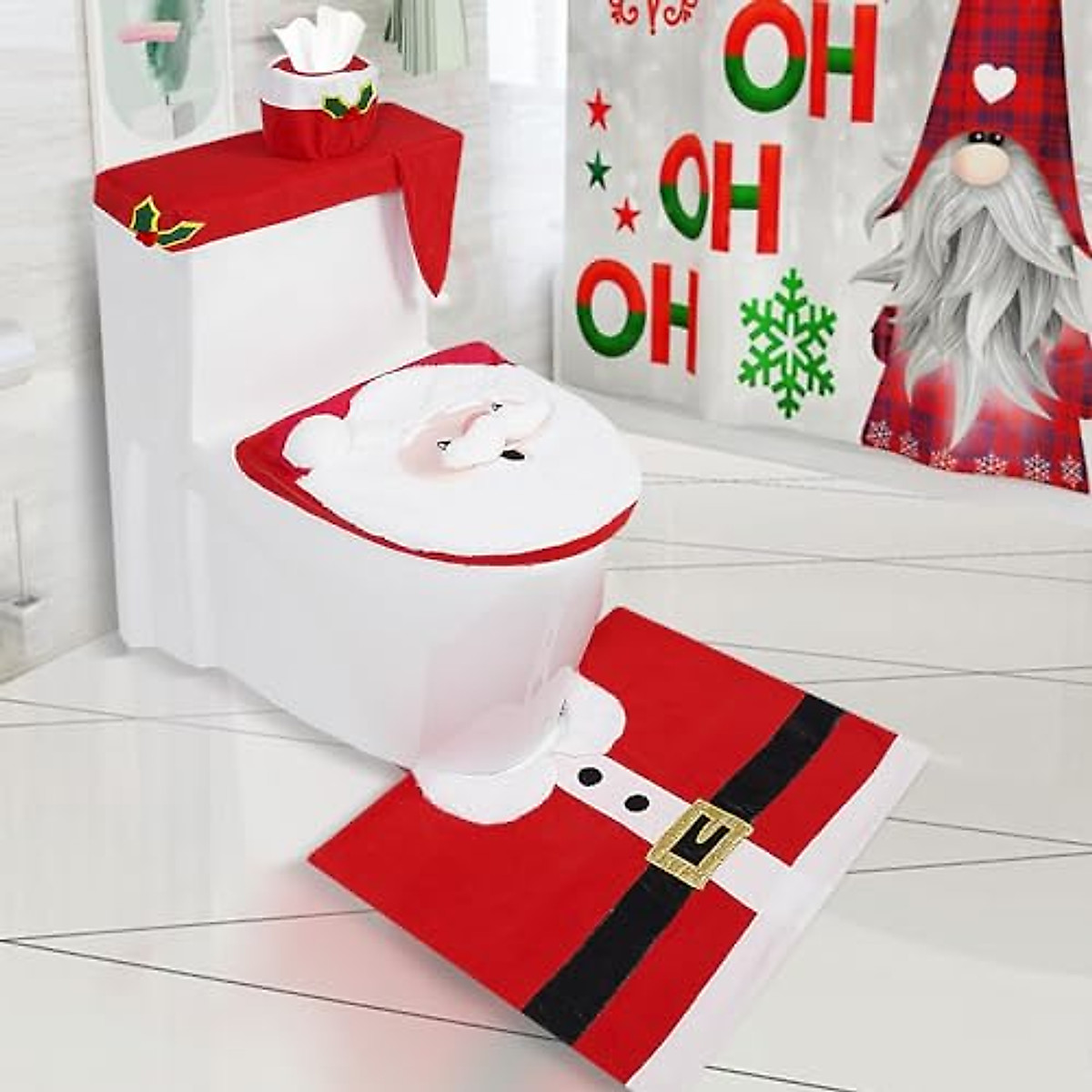 ASYWISH Christmas Bathroom Decoration Set 4Pcs with Toilet Cover Rugs Tank Cover Paper Box Cover Festive Indoor Party Decor Toilet Cover