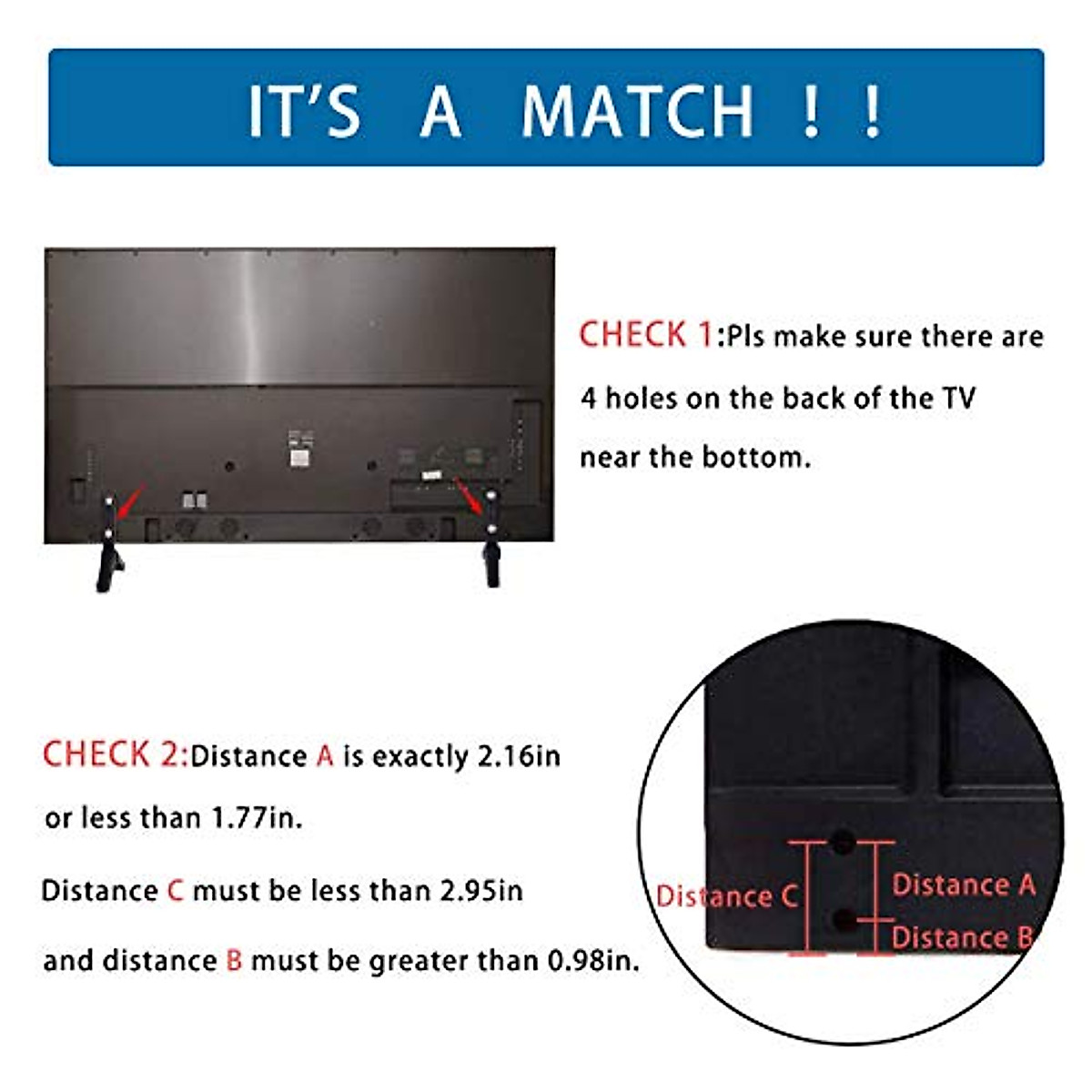Drsn TV Base Pedestal Feet TV Stand Mount Legs for Televisions with Mounting Holes Distance 2.16in/5.5cm or Within 1.77in/4.5cm, Distance Between Top Mounting Hole and Edge 3.15in/8cm