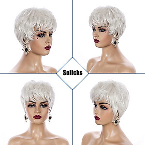 Sallcks Short White Pixie Wig for Women Layered Synthetic Heat Resistant Pixie Wig for Party Cosplay Use (White)