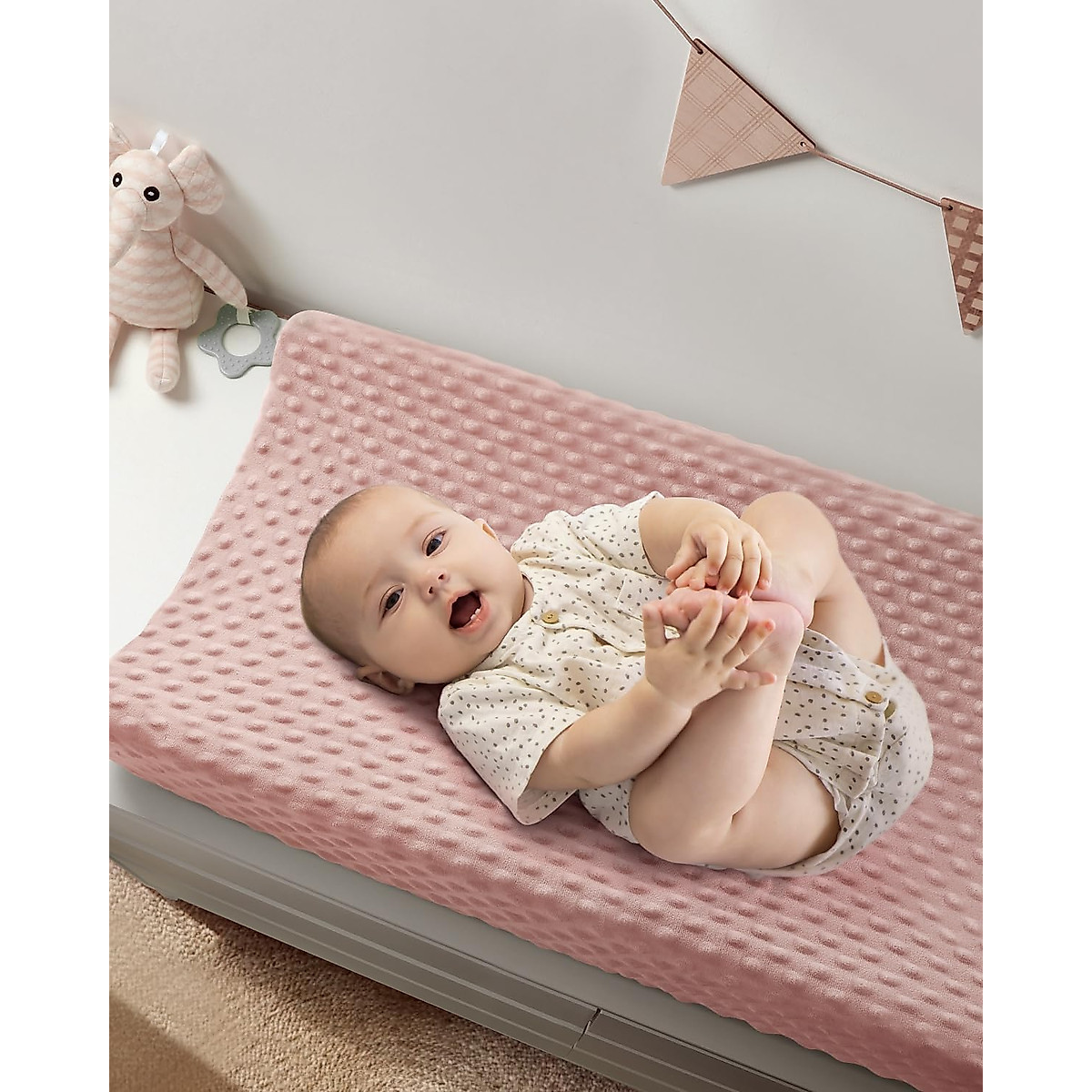 Babebay Changing Pad Cover - Ultra Soft Minky Dots Plush Changing Table Covers Breathable Changing Table Sheets Wipeable Changing Pad Covers Suit for Baby Boy and Baby Girl (Pink & Lt Gray)