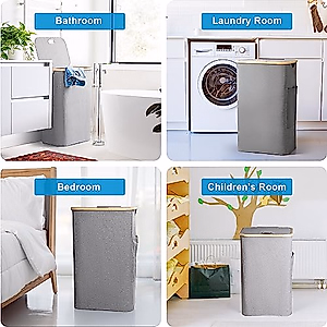 Laundry Hamper, Zekeson 100L Collapsible Laundry Basket with Lid and Handle, Clothes Basket Organizer with 2 Removable Inner Bags for Storage in Bedroom Bathroom Children's Room (Gray)