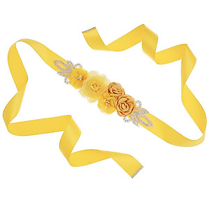 Lauthen.S Sash Belt with Flowers Pearls Rhinestone for Wedding Bride/Baby Shower Dress (One Size, Yellow)