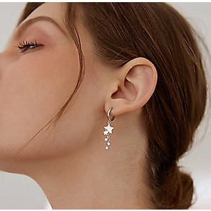 SLUYNZ 925 Sterling Silver Star Dangle Hoop Earrings for Women Star Hoop Earrings Droplet Dangle (A-Silver)