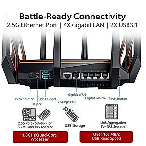 ROG Rapture GT-AX11000 IEEE 802.11ax Ethernet Wireless Router - 2.40 GHz ISM Band - 5 GHz UNII Band - 11000 Mbit/s Wireless Speed - 5 x Network Port - 1 x Broadband Port - USB - 2.5 Gigabit Ethernet -