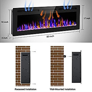 BETELNUT 50" Electric Fireplace Wall Mounted and Recessed with Remote Control, 750/1500W Ultra-Thin Wall Fireplace Heater W/Timer Adjustable Flame Color and Brightness, Log Set & Crystal Options
