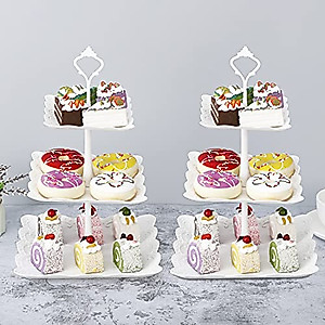 2 Set of 3-Tier Plastic Cupcake Stand Dessert Plates Mini Cakes Fruit Candy Display Tower White for Kids Birthday Tea Party Baby Shower Serving Tray, Square