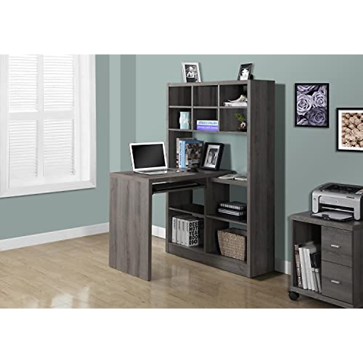 Monarch Specialties I Storage-Bookcase Left Or Right Set Up-Corner Desk with Multiple Adjustable Shelves, 60"L, Dark Taupe
