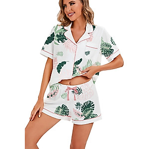 LUBOT 100% Cotton Women's Pajamas Set Short Sleeve Button-Down Shirt PJ Two-piece Set Printed Patterned Summer Night Suit Sleepwear Loungewear (Leaves, L)