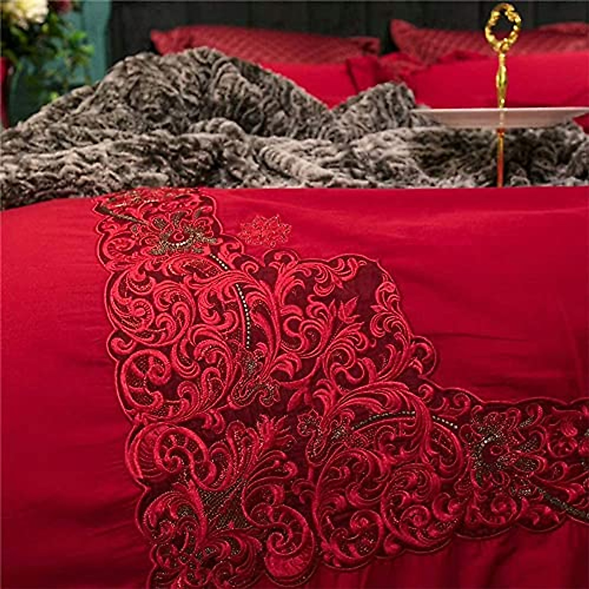 BONOOL 4-Piece Bed Sheet Set Duvet Cover Set Egyptian Cotton Lace Wedding Set 4 Pieces Red King Queen Size Bedclothes Cover Set Pillowcases Luxury Set (Size : Queen) (King)