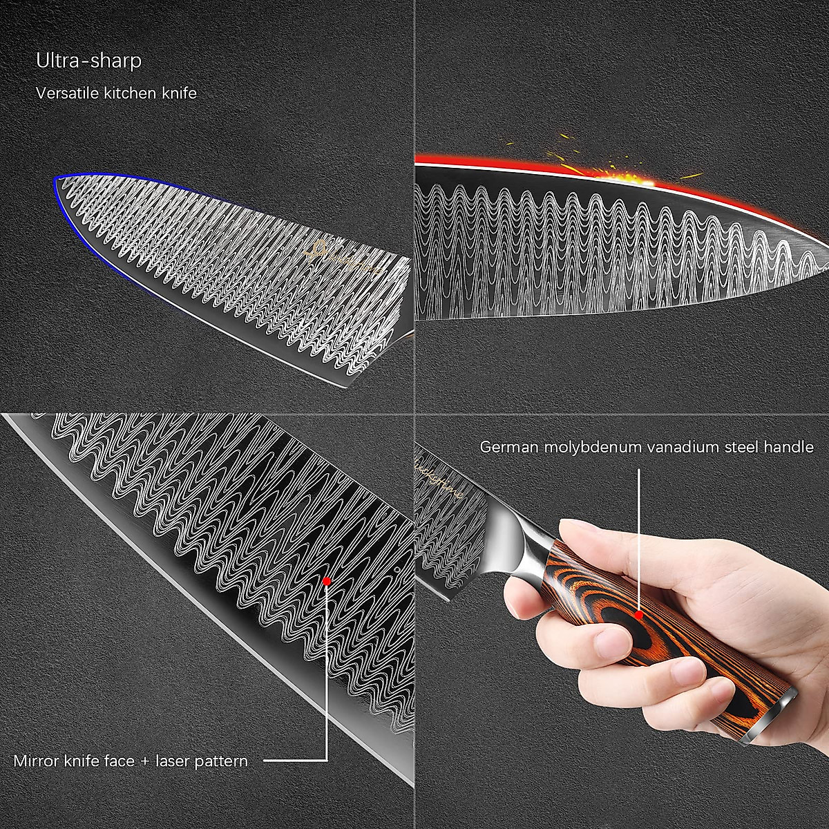 Chef Knife Set, Luckytime 6-Piece Kitchen Knives Set, German 5cr15mov High Carbon Stainless Steel Meat Sushi Fruit Vegetable Ultra Sharp Professional Cutting Knife with Ergonomic Handle & Gray Texture