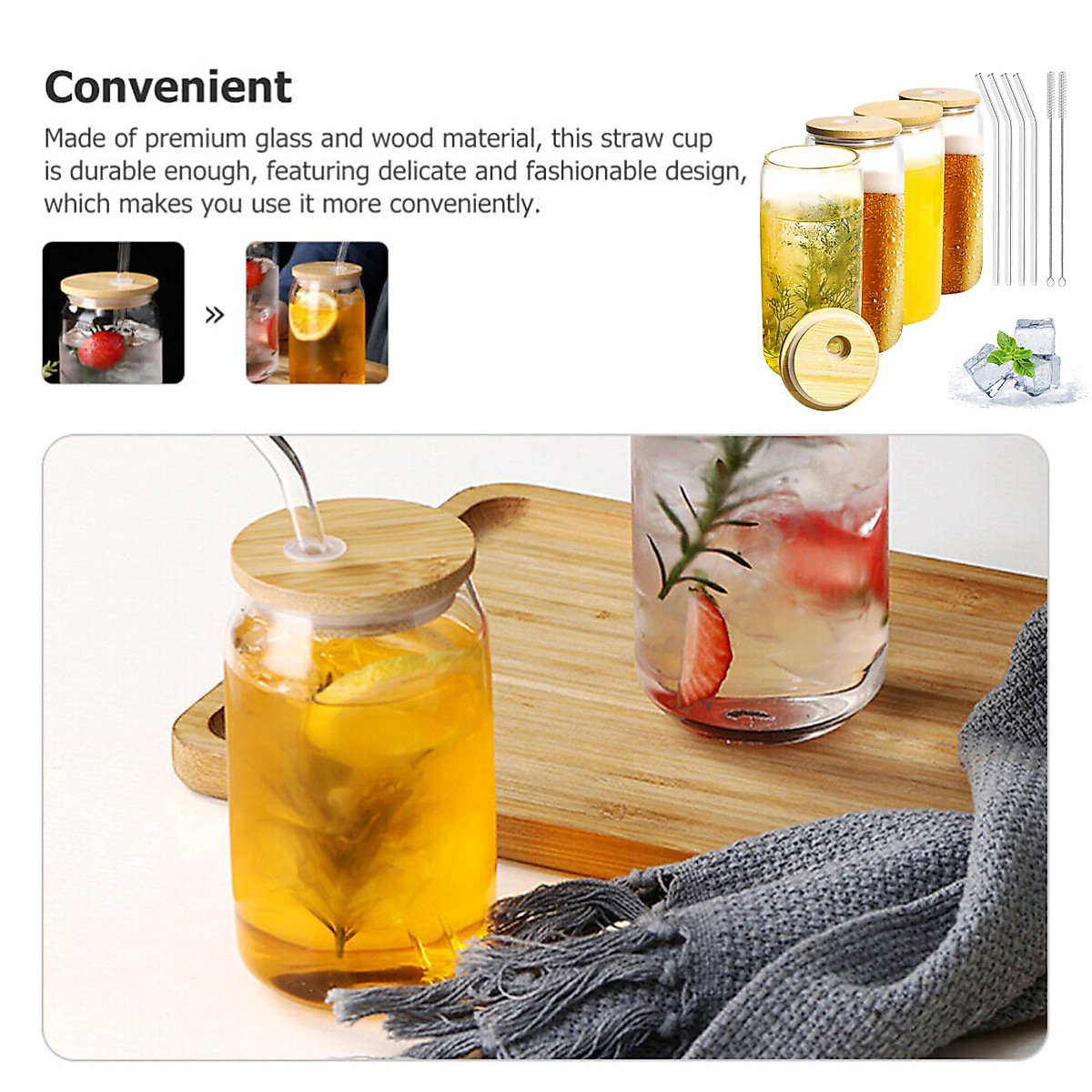 ULAXIM [ 4pcs ] Eco-friendly Glass Cups with Bamboo Lids and Straws 16oz, Iced Coffee Drinking Cups, Beer Can Glass Cup, Glass Tumbler for Cocktail, Whiskey, Soda, Tea, Water