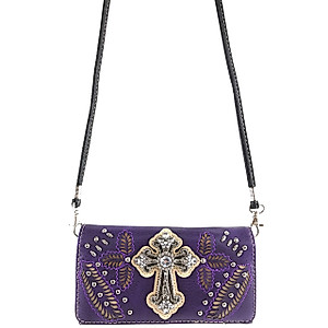 Zelris Fall Fern Leaf Western Cross Women Crossbody Wrist Trifold Wallet (Purple)