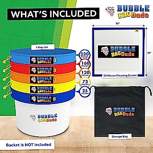 BUBBLEBAGDUDE Bubble Bags 5 Gallon 5 Bags Set - Herbal Ice Bubble Bag Essence Extractor Kit - Plant & Herb Extraction Bubble Bags with 10 x 10” Pressing Screen & Storage Bag (220 to 25-Micron Bags)
