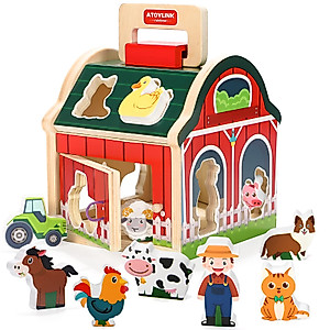 Atoylink Wooden Farm Toys for Toddlers 1 2 3 Year Old Take Along Matching Sorting Barn Farm Animals Playset Preschool Learning Educational Toy for Kids Boys Girls