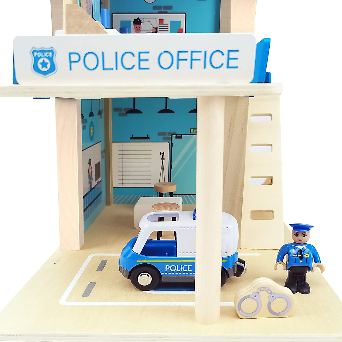 Wooden Police Station Playset Toy, Multicolor 3-Level Pretend Play Dollhouse Set with Figures, Car, Helicopter and Accessories, Preschool Learning Educational Toys for Toddlers Kids Age 3 and up