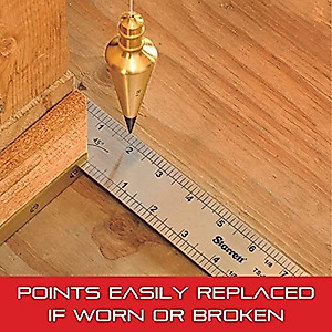 Starrett Solid Brass Corrosion-Resistant Plumb Bob with 10 Feet Nylon Cord and Replaceable, Hardened Steel Points for Reliable Accuracy - 8oz Weight - PBB-8