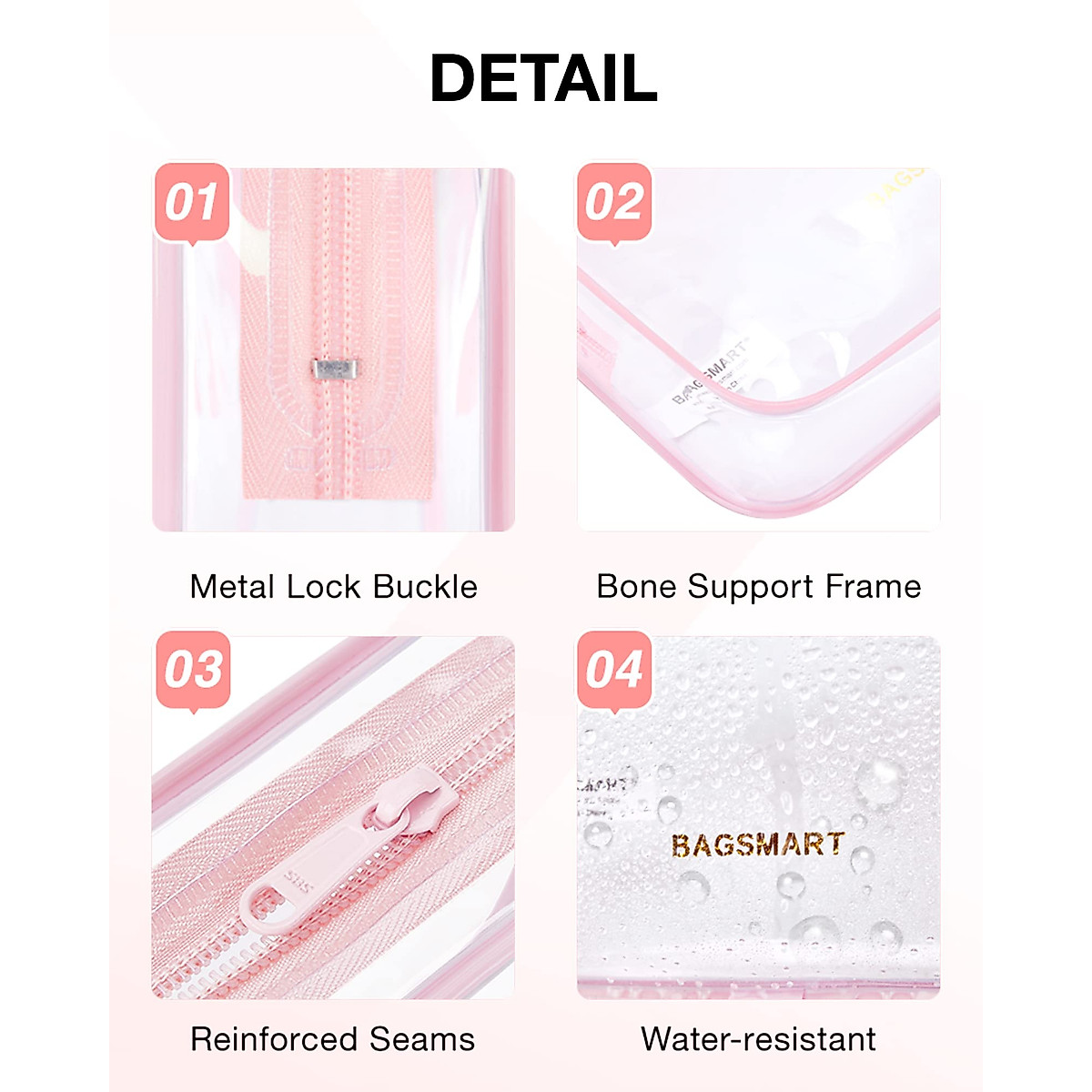 BAGSMART Clear Toiletry Bag, 2 Packs TSA Approved Water resistant Quart Size Travel Organizer, Airport Airline Travel Essential Carry On Makeup Cosmetic Bags for Women, Pink