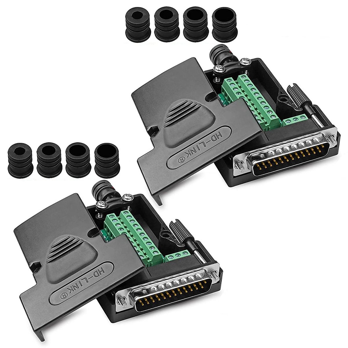 ANMBEST 2PCS DB25 Solderless Connector, RS232 D-SUB Serial to 25-pin Port Terminal Male Adapter Breakout Board with Case Long Bolts Nuts