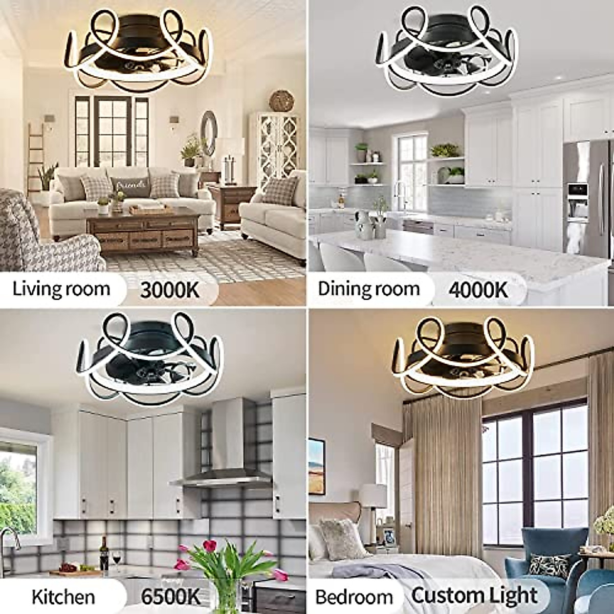 XuanDe Ceiling Fans with Lights and Remote Modern 18" Ceiling Fans Bladeless, Quiet Motor Stepless Dimmable 6 Wind Speeds Geometric, Low Profile Flush Mount Ceiling Fan for Bedroom Living Room
