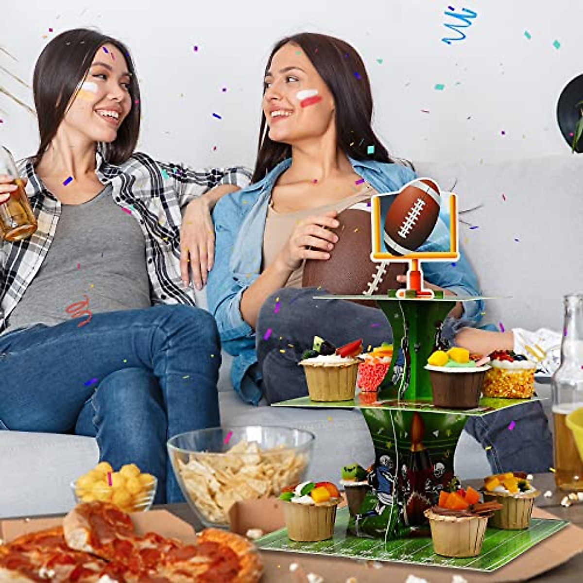 Super Football Bowl Party Decoration Football Cupcake Stand 3 Tier Dessert Tower Super Soccer Bowl Sports Stadium Decor Mini Cake Stand for Kids Boys Teenagers Sport Party Supplies