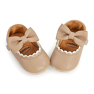 E-FAK Baby Girls Shoes Mary Jane Flats Shoes with Socks Anti-Slip Soft Rubber Sole Toddler First Walkers Princess Dress Shoes(04 Beige, 6-12 Months)