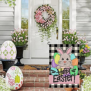 PANDICORN Happy Easter Garden Flag 12x18 Inch Double Sided, Black Buffalo Plaid Check Spring Easter Bunny Eggs Decorations, Small Vertical Welcome Holiday Decor for Outdoor Yard Garden