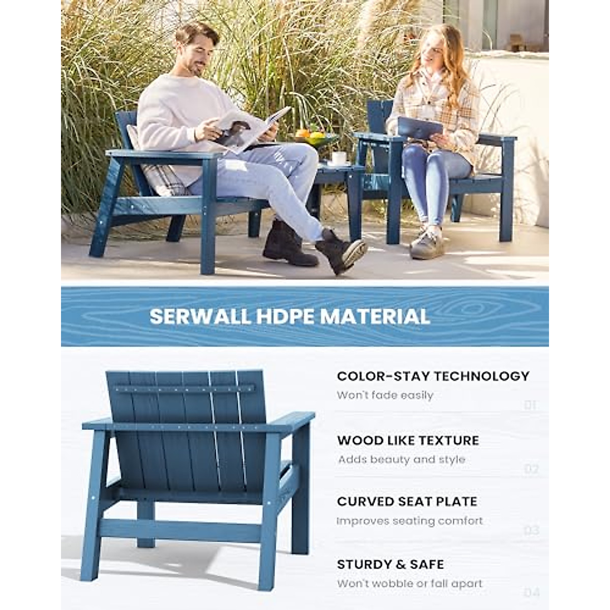 SERWALL Adirondack Chair Set with Side Table, HDPE Patio Bistro Set- Navy Blue