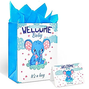 13" Large Baby Shower Birthday Gift Bags for Boy with Tissue Papers and Card(Elephant)