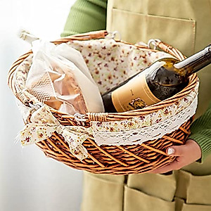 YRJJ Wicker Picnic Basket with Handles & Liner Oval Empty Gift Basket Willow Woven Easter Eggs & Candy Storage Basket Fruit Serving Basket Kids Blanket Toy Organizer, 1