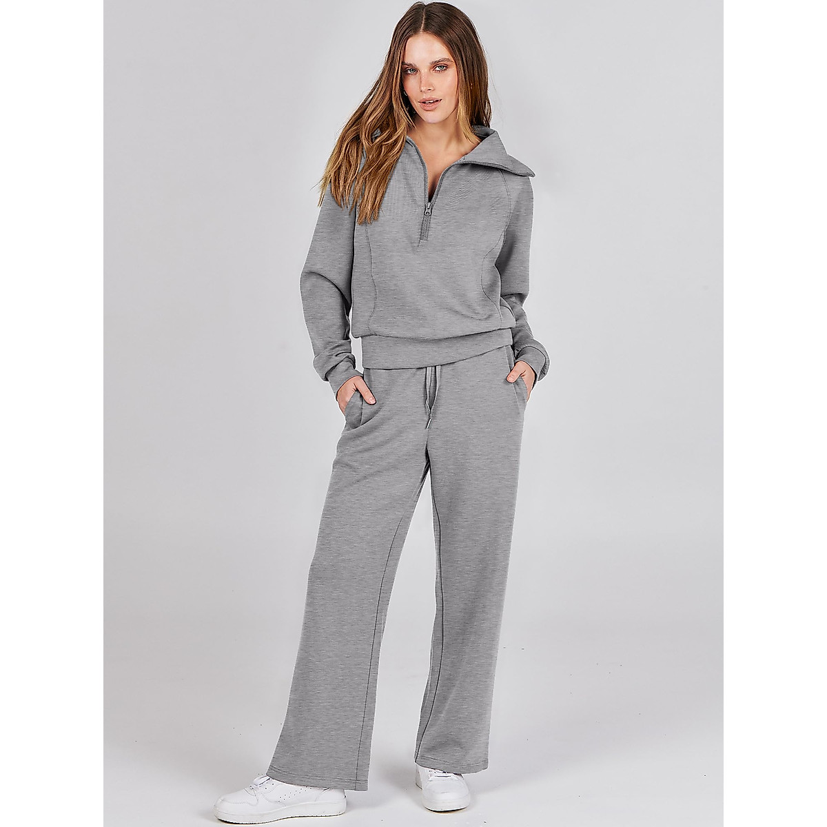 ANRABESS Women 2 Piece Outfits Sweatsuit Oversized Sweatshirt Sweatpants Tracksuit Sweat Lounge Matching Set 2025 Fall Trendy Grey Medium