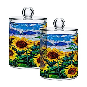 Sunflowers Fields Qtip Dispenser Apothecary Jars Spring Summer Floral Autumn Yellow Flowers Bathroom Qtip Holder Storage Canister Plastic Jar 10 Oz for Cotton Ball Swab Round Pads Floss 2pcs