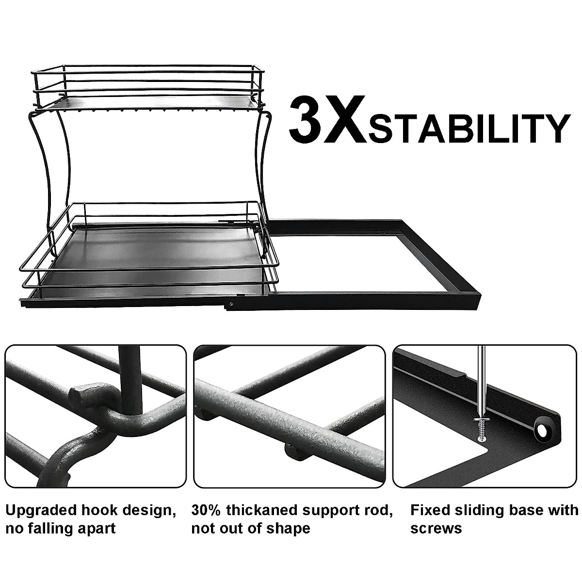 Pull Out Cabinet Organizer, 2-Tier Under Sink Slide Out Kitchen Cabinet Storage Shelves with Sliding Storage Basket Drawers, for Bathroom, Kitchen, Office,Least 13 Inch Cabinet Opening （Black ）