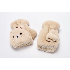 Woman Winter Warm Gloves Girls Cute Bear Rabbit Ears Convertible Flip Top Fingerless Thick Mittens for Teen Student (Color : Bear Khaki, Gloves Size : One Size)