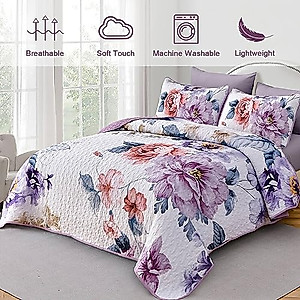Dobuyly Purple Floral Quilt Set King Size, 3 Pieces Botanical Flower Printed on White Quilt Bedding Set Soft Microfiber Lightweight Bedspread Coverlet Set for All Season 104" x 90"